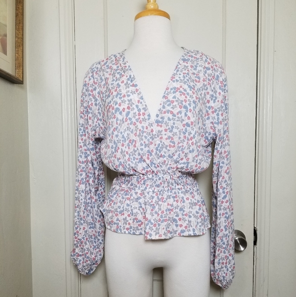 Papaya | Tops | Papaya L Blue Coral Pink Floral Long Sleeve V Neck ...